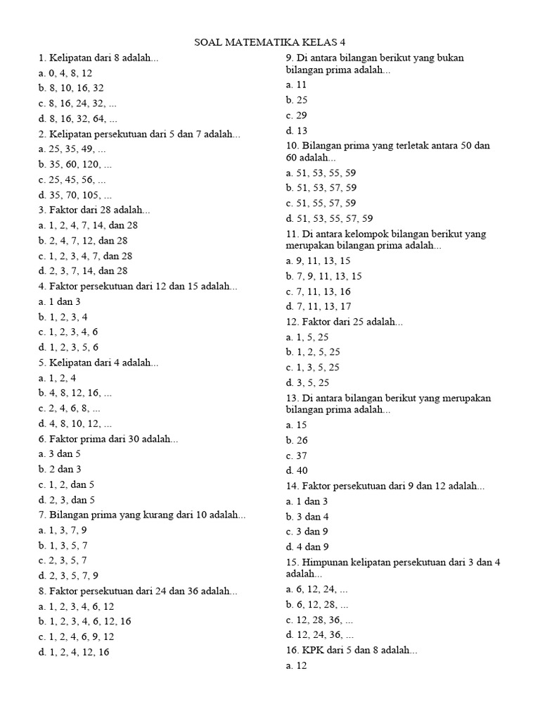 Soal Matematika Kelas 4 | PDF