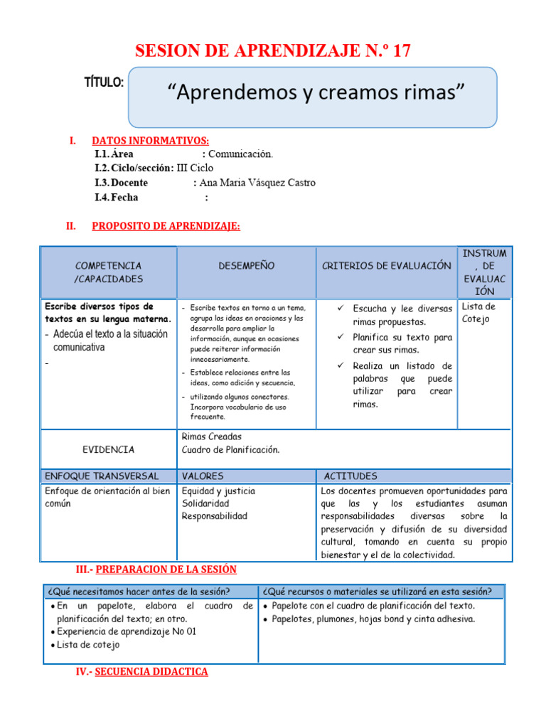 SESION #17 "Aprendemos y Creamos Rimas" | PDF | Aprendizaje