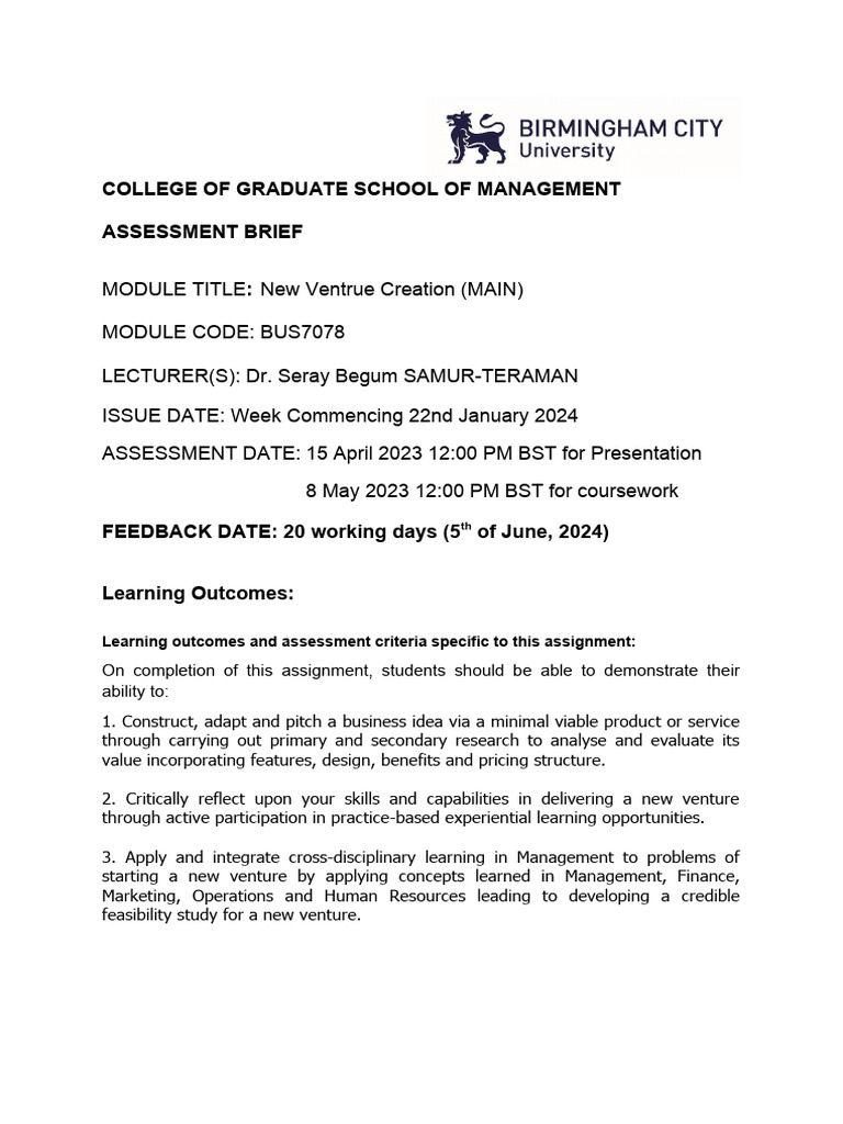 ASSESSMENT BRIEF TEMPLATE 2023-24 Graduate School of Management - FIRST ...