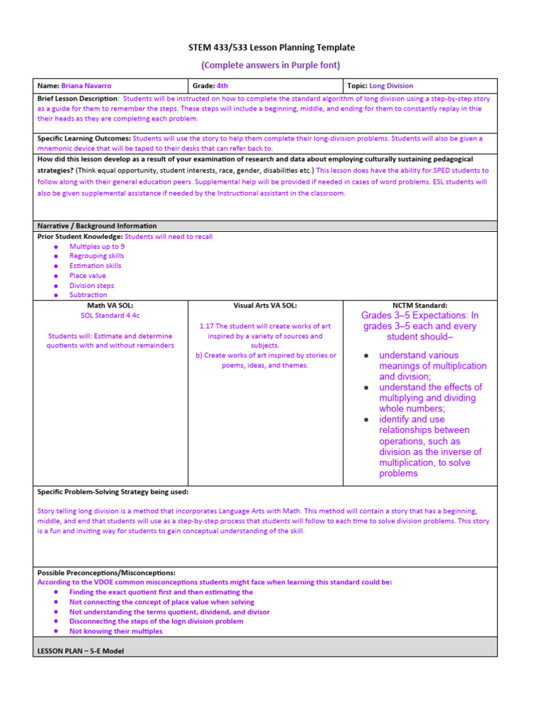 Stem 433 Lesson Plan | PDF | Division (Mathematics) | Learning