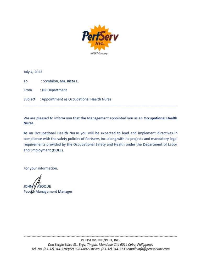 Appointment Letter - NURSE | PDF