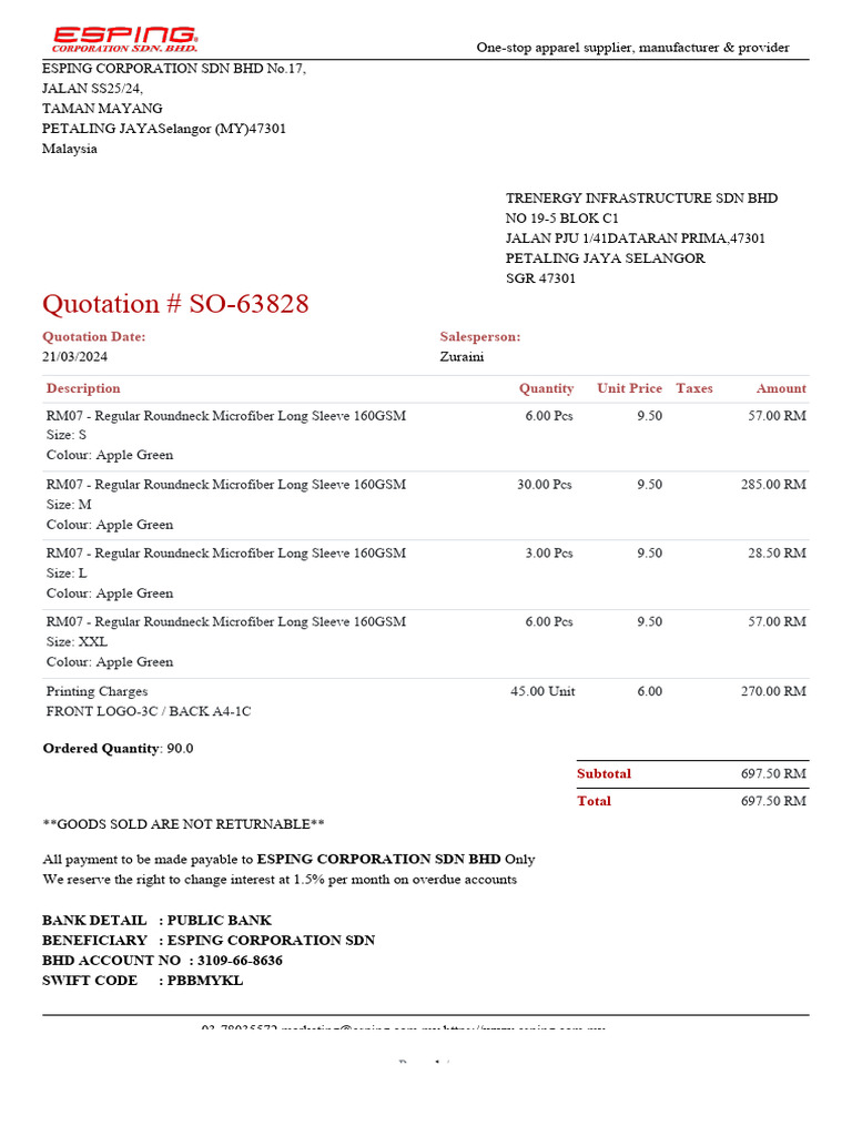 Apparel Quotation from ESPING Corp | PDF | Financial Services | Economies