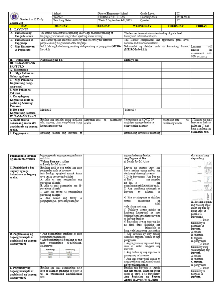 DLL Quarter 1 Week 2 Mtb-Mle | PDF