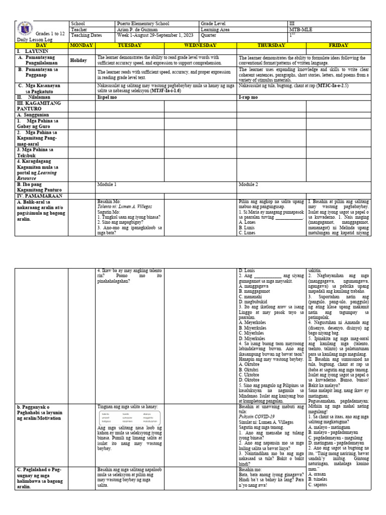DLL Quarter 1 Week 1 MTB-MLE | PDF