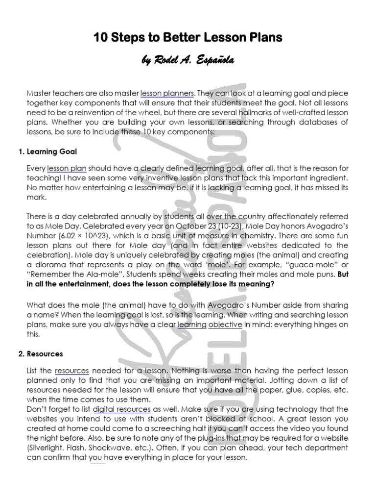 10 Steps To Better Lesson Plans | PDF | Lesson Plan | Mole (Unit)