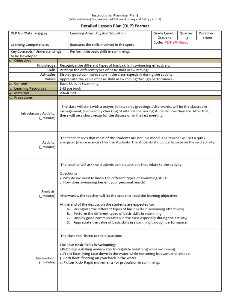 Lesson Plan Swimming | PDF | Lesson Plan | Teachers