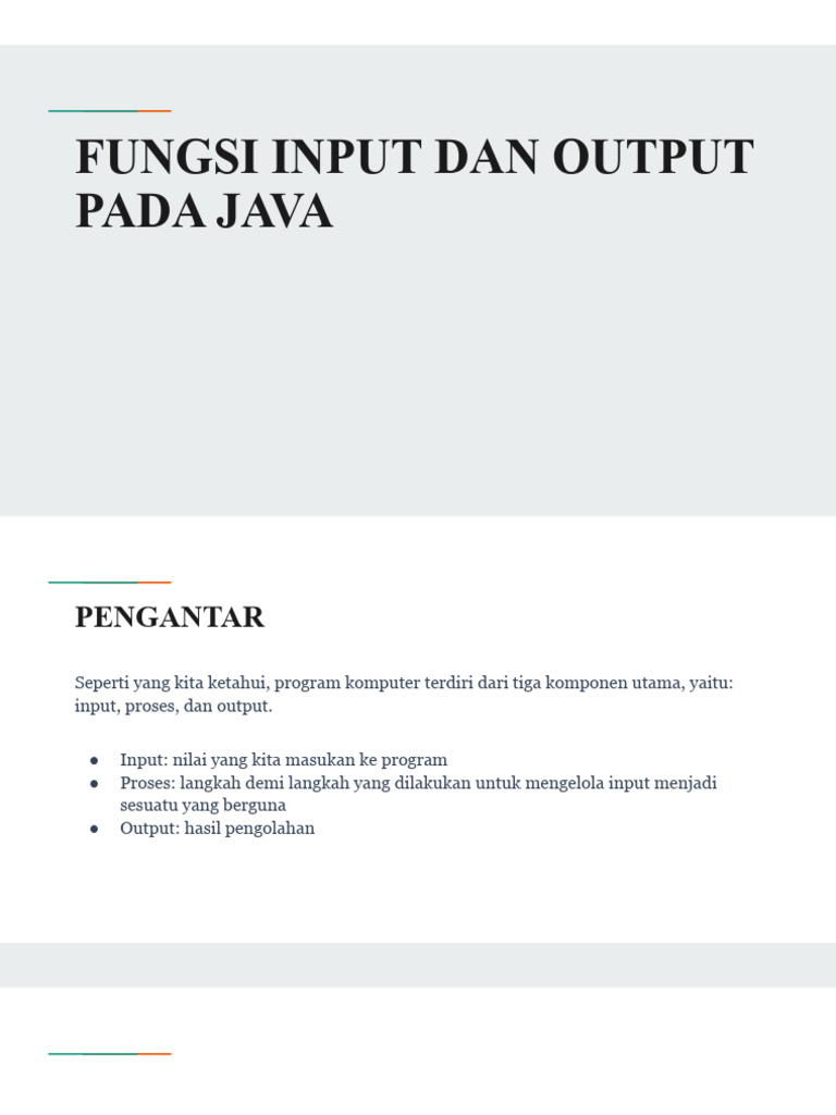 Fungsi Input Dan Output Pada Java | PDF | Teknologi & Rekayasa Fungsi Input Dan Output Pada Java | PDF | Teknologi & Rekayasa