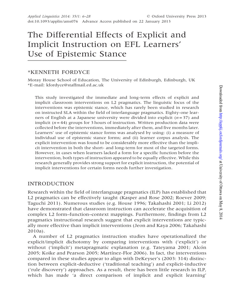 Explicit vs Implicit EFL Instruction Effects | PDF | Second Language ...