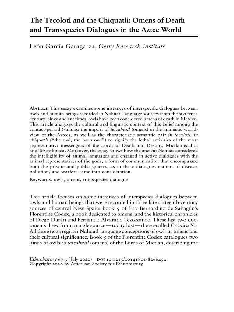 The Tecolotl and The Chiquatli: Omens of Death and Transspecies ...