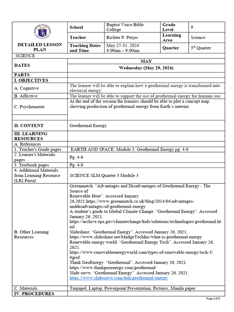 DETAILED LESSON PLAN Rich 2 | PDF | Geothermal Energy | Volcano