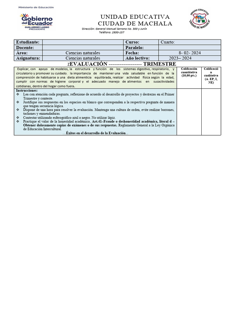 Examen Del Tercer Trimetre de Ciencias N. Eca. Lectura 17 - 10 2023 4to ...
