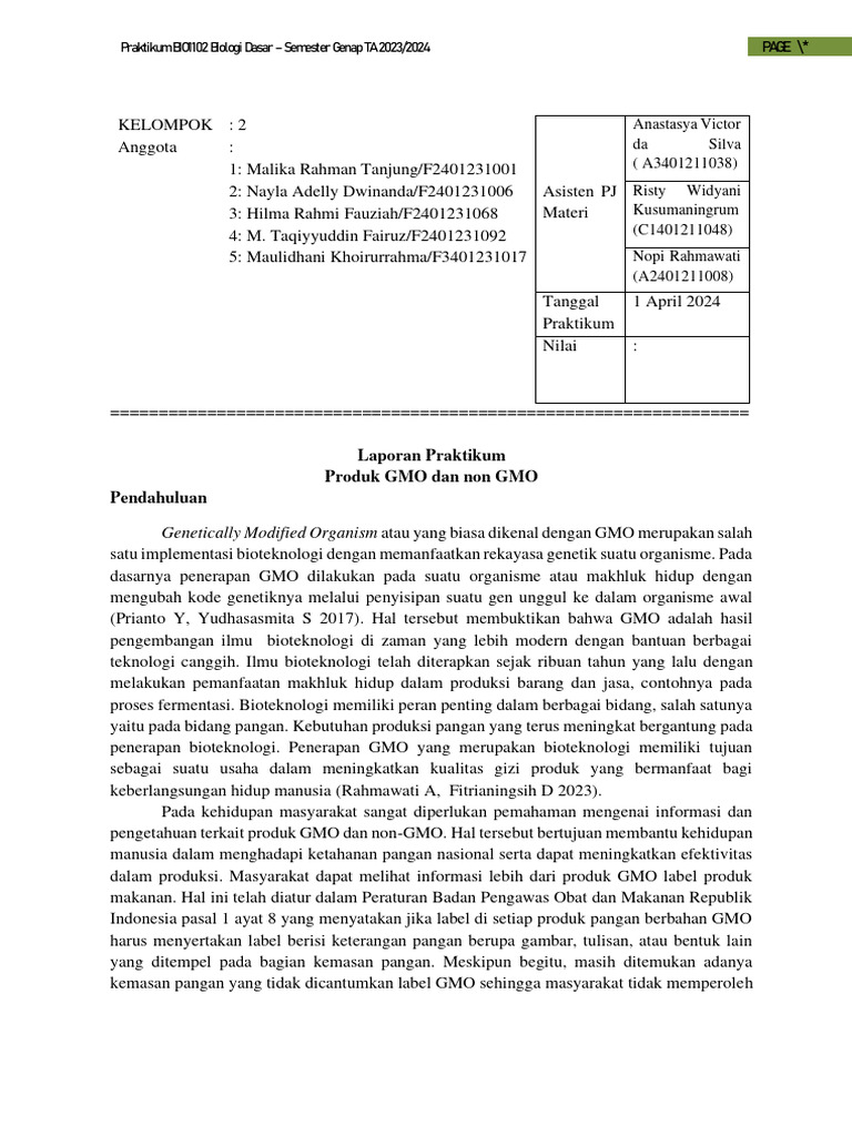 BIO1102 2024 Genap 08a Produk GMO Dan Non GMO Kelompok 2 | PDF