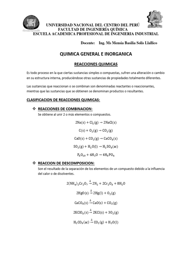 Quimica General E Inorganica: Reacciones Quimicas | Descargar gratis PDF | Ácido | Química analítica