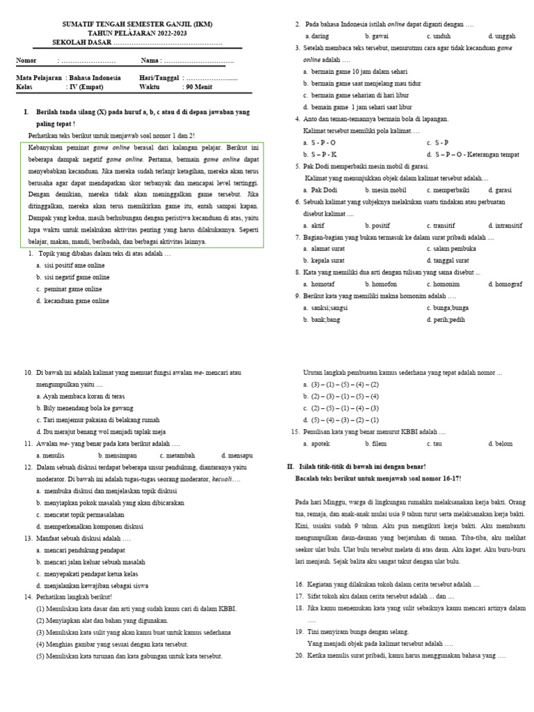 Soal Sts-Ikm BHS Indonesia KLS 4 | PDF