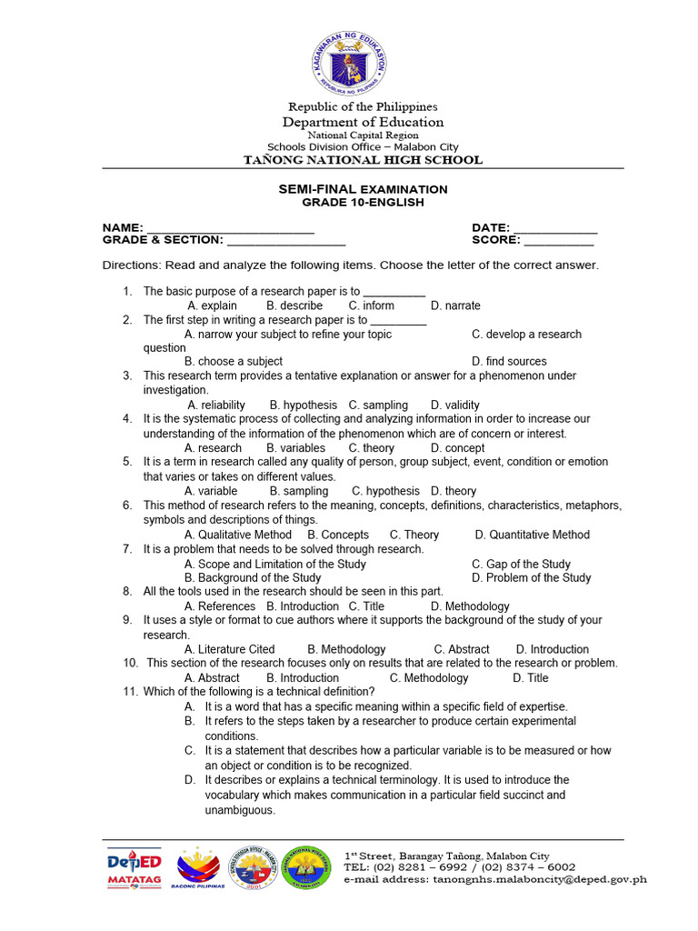 Grade 10 English Semi-Final Exam | PDF | Methodology