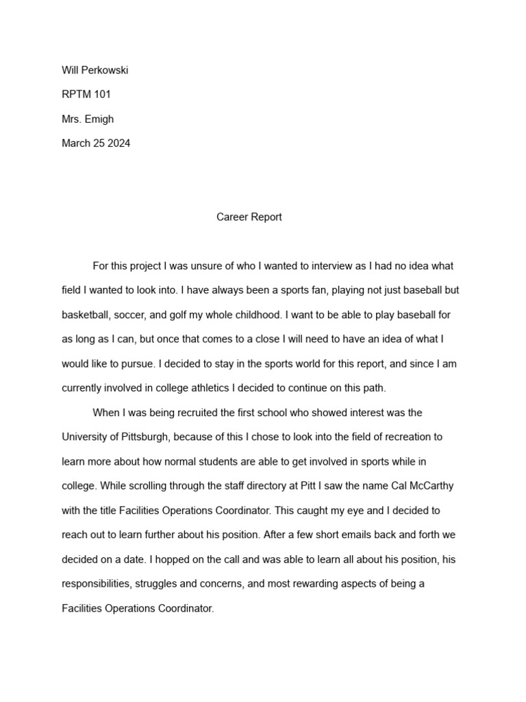 Will Perkowski - Career Report 1 | PDF