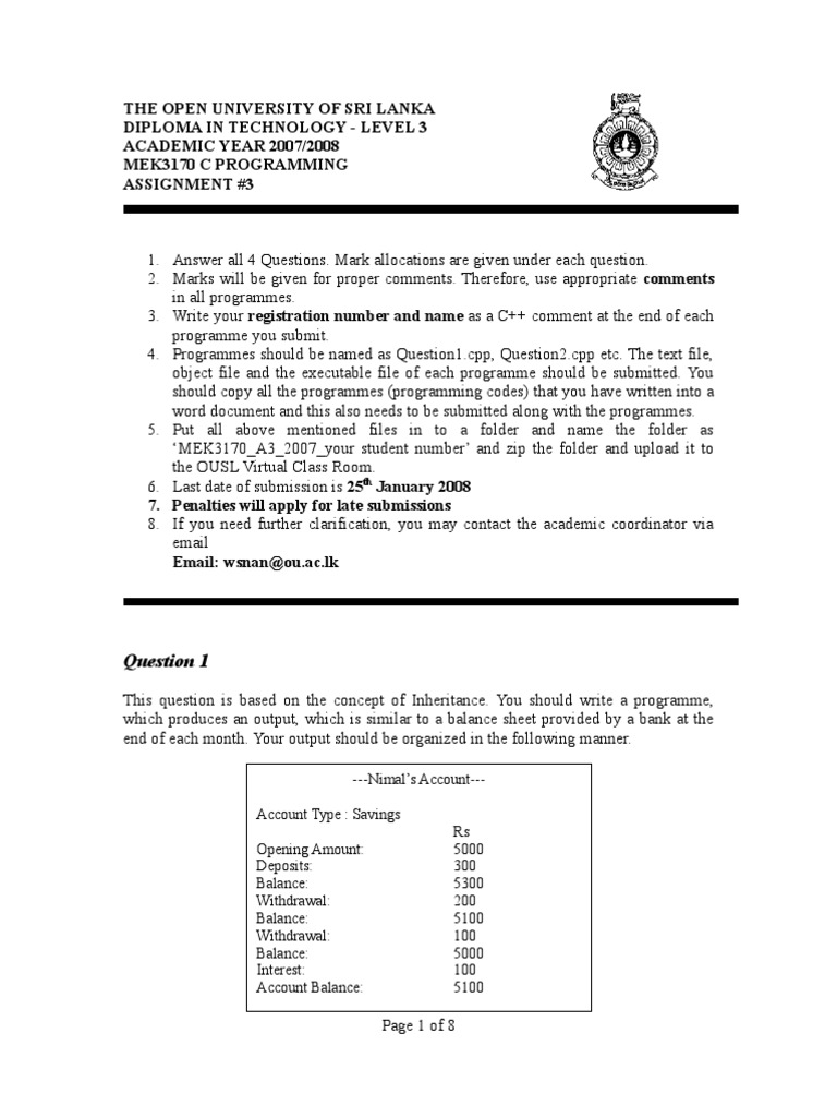 The Open University of Sri Lanka Diploma in Technology - Level 3 ACADEMIC YEAR 2007/2008 Mek3170 ...