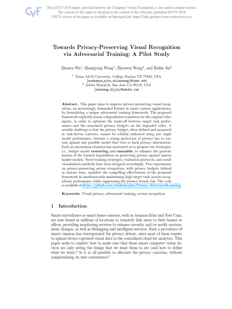 Zhenyu Wu Towards Privacy-Preserving Visual ECCV 2018 Paper | PDF | Privacy | Computer Vision