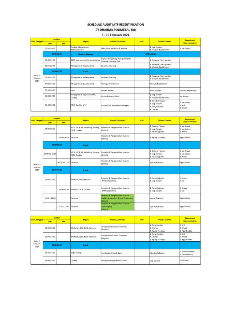Schedule Audit IATF 2024 Rev.1 | PDF | Industrial Processes | Mechanical Engineering