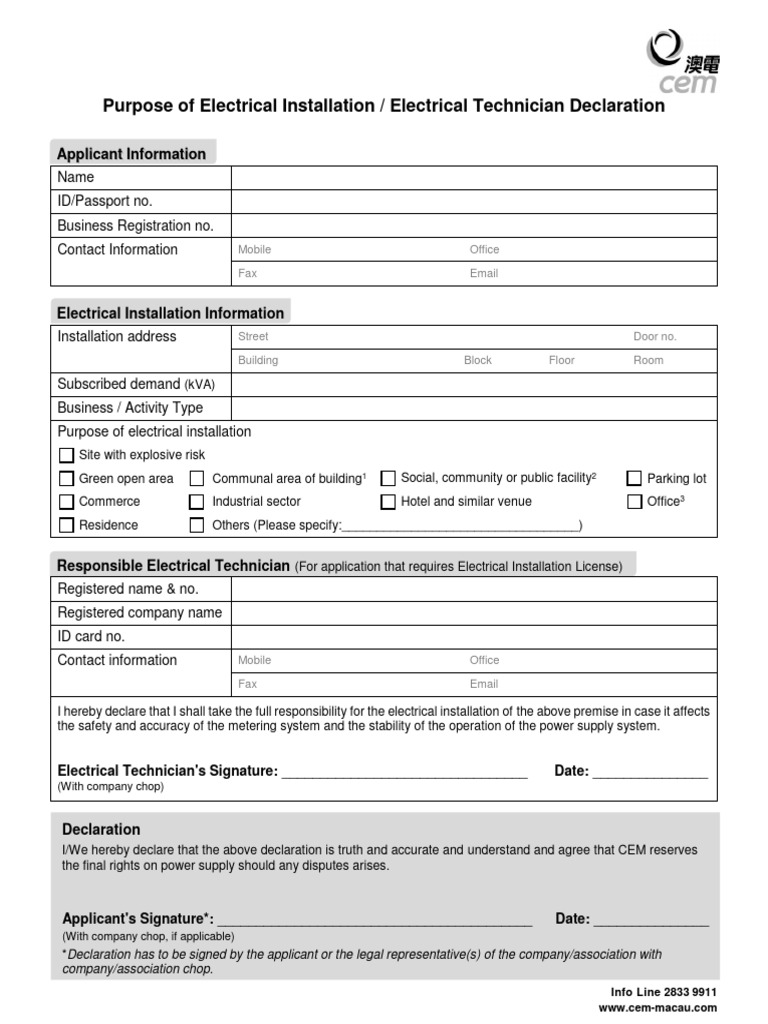 Electrical Installation Declaration Form | PDF