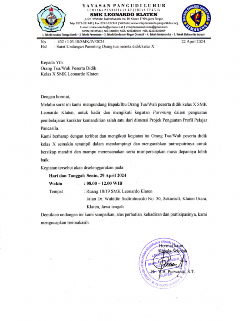 Undangan Parenting Orang Tua-Wali Murid Kelas X | PDF