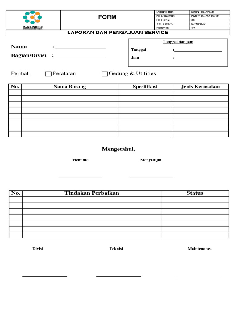 3.4 Kmi-Form-Mtc-10 - Pengajuan Service Peralatan Dan Mesin Produksi | PDF