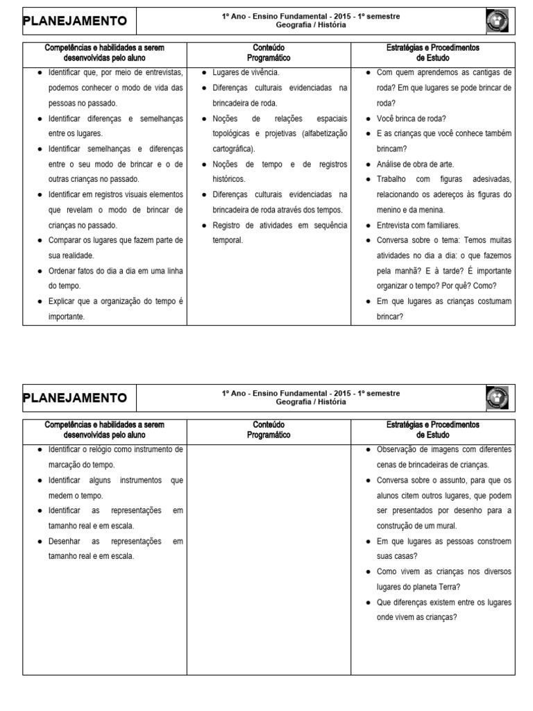 Planejamento Semestral Geografia e História | PDF | Tempo | Geografia