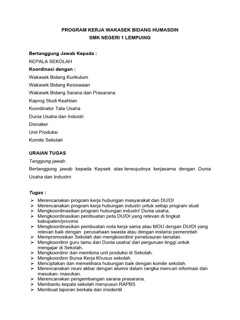 PROGRAM KERJA WAKASEK BIDANG HUMAS Umum | PDF | Ilmu Sosial | Kesehatan ...