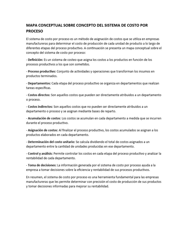 Mapa Conceptual Sobre Concepto Del Sistema de Costo Por Proceso2024 | PDF Mapa Conceptual Sobre Concepto Del Sistema de Costo Por Proceso2024 | PDF