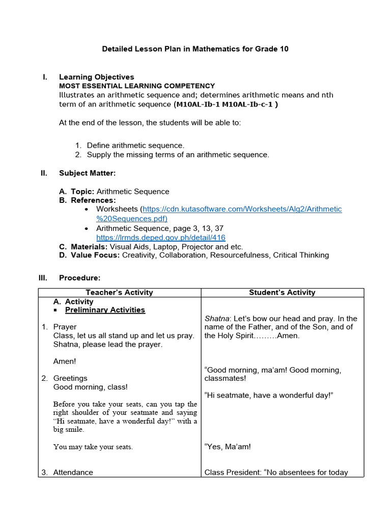 Lesson Plan | PDF | Sequence | Arithmetic