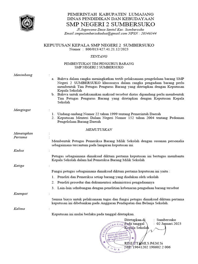 Contoh SK Pengurus Barang SMPN 2 Sumbersuko Tahun 2024 | PDF