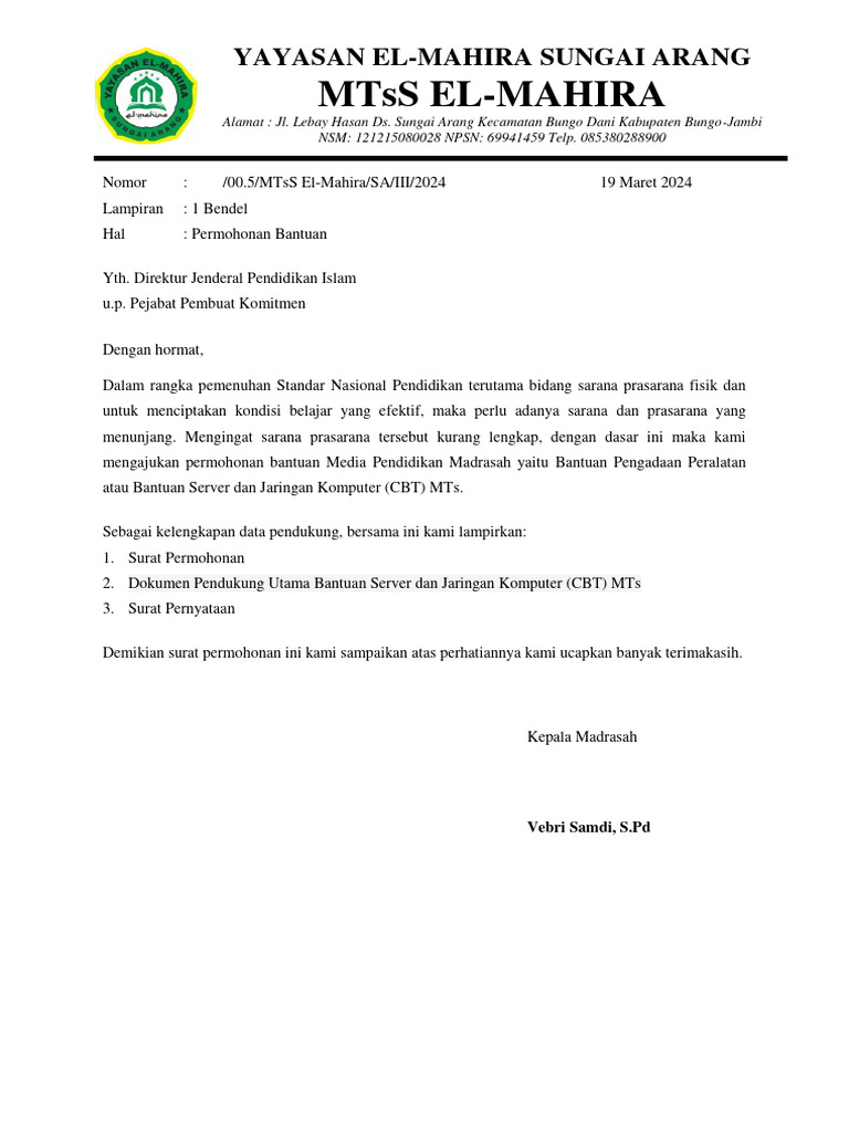 Surat Permohonan Sarpras | PDF