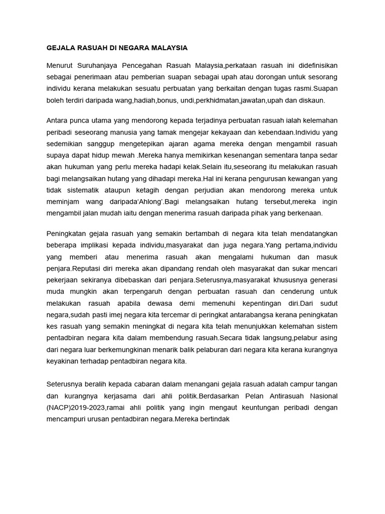 Tutorial Gejala Rasuah Di Negara Malaysia | PDF