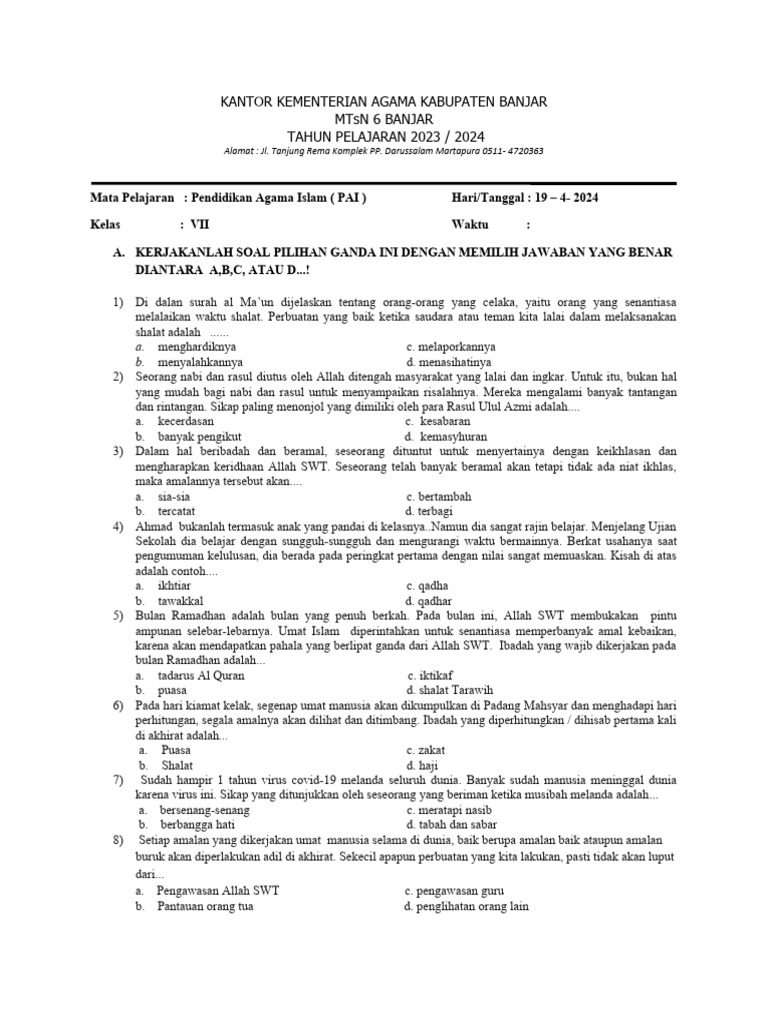 Soal - Pai - PPDB-2024 | PDF | Karier & Perkembangan | Agama & Spiritualitas