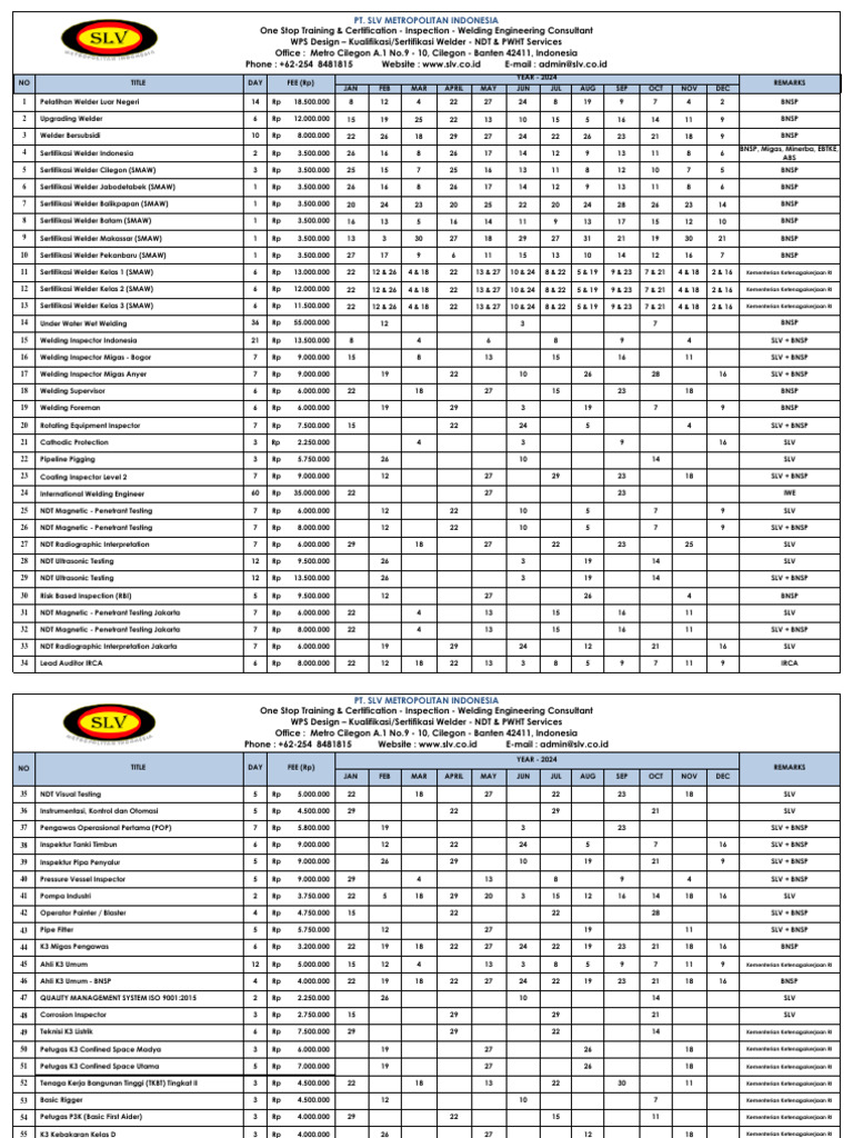 Schedule Training SLV 2024 | PDF | Nondestructive Testing | Materials