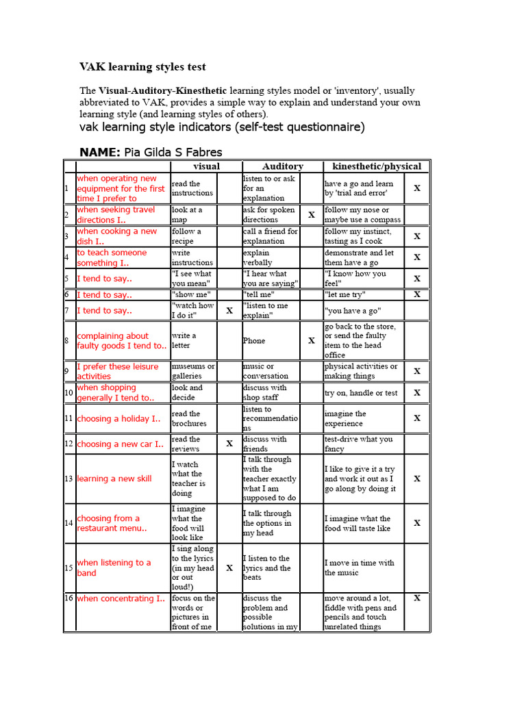 Free VAK Learning Styles Test | PDF | Learning Styles | Cognitive Science