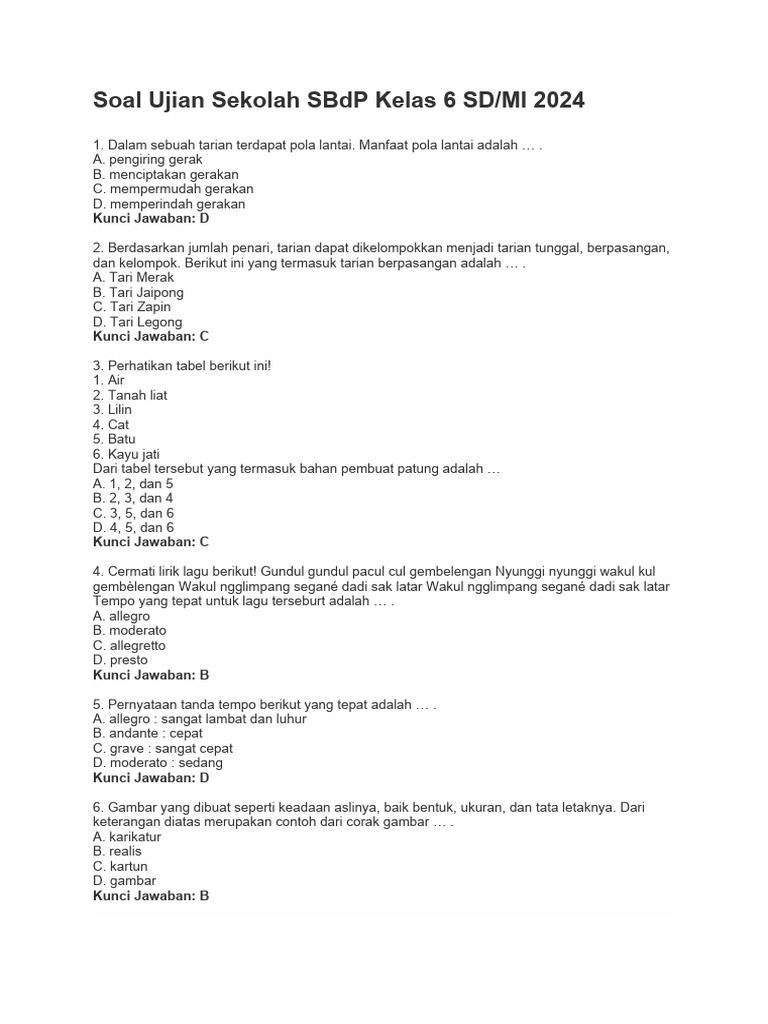 Soal Ujian Sbdp Kelas 6 Sd Mi 2024 Pdf