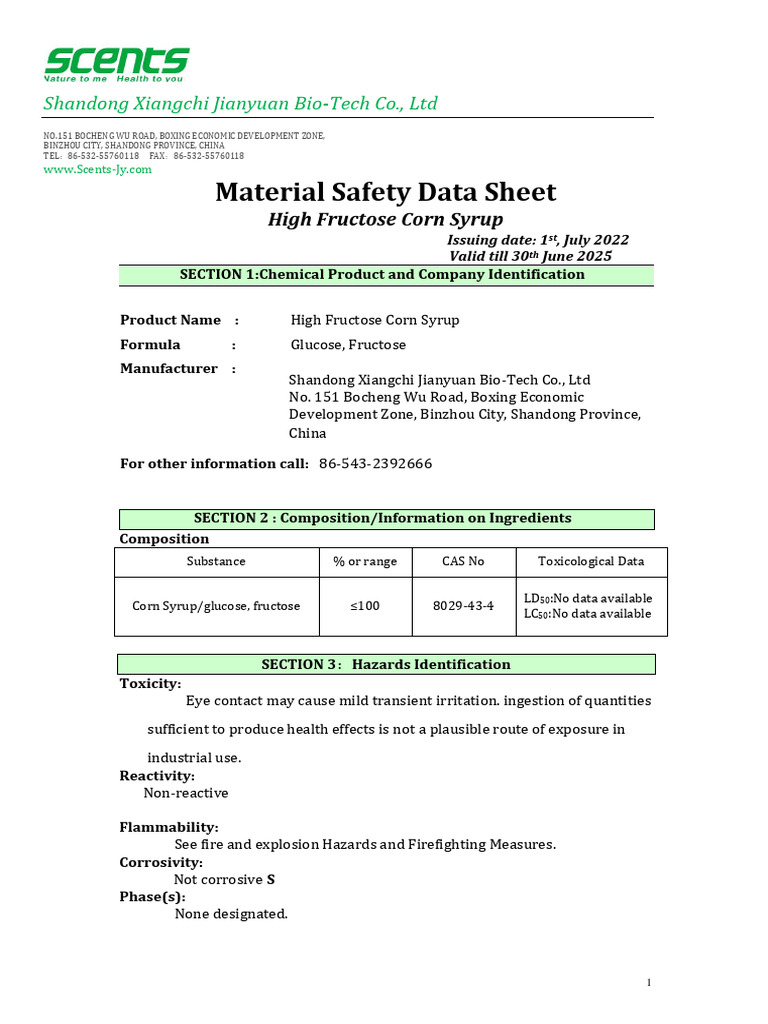 High Fructose Corn Syrup MSDS Guide | PDF | Occupational Safety And Health | Chemistry