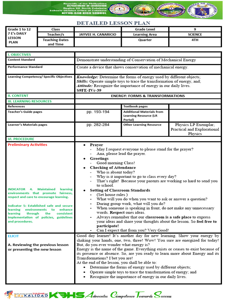 Detailed Lesson Plan: S9Fe-Ivc-39 Energy: Forms & Transformations | PDF ...