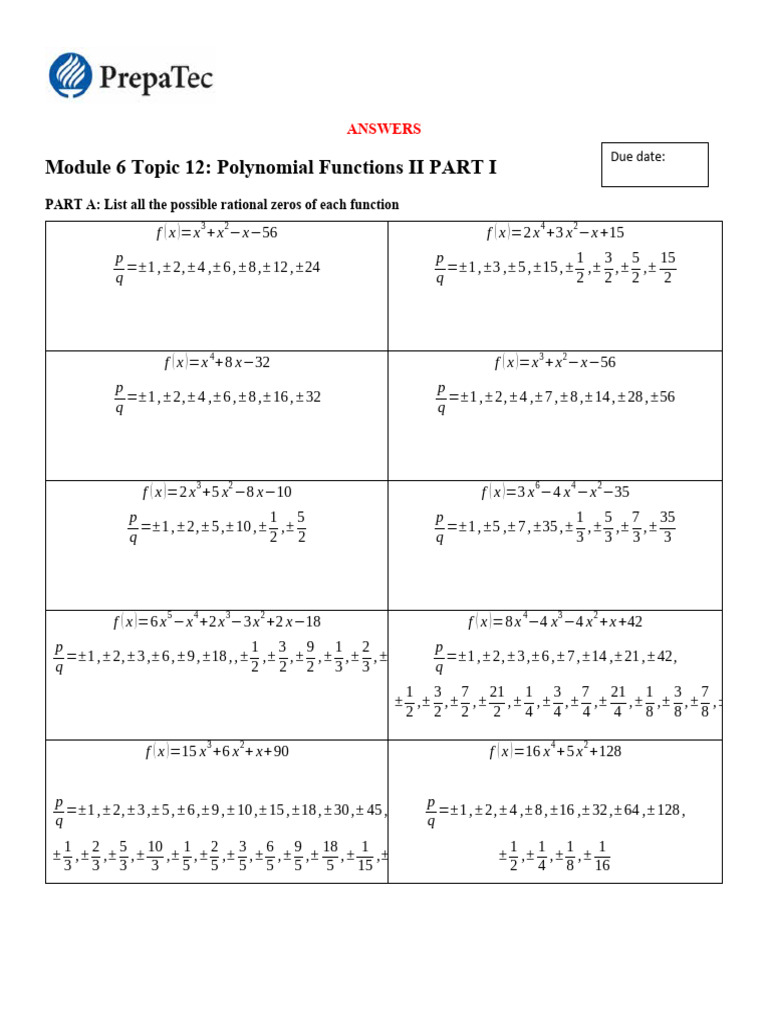 Module 6 Topic 12 Polynomial Functions PART II - Answers | Download Free PDF | Mathematics ...