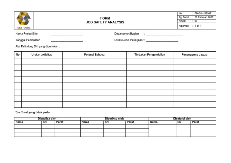 FM-00-HSE-061 Job - Safety - Analysis - (JSA) CES | PDF