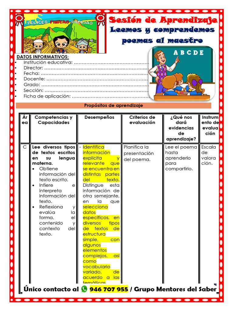 4° Sesión Día 1 Com Leemos y Comprendemos Poemas Al Maestro Unidad 5 ...