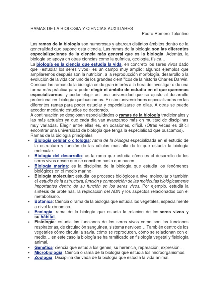 Ramas de la Biología y Ciencias Auxiliares | PDF | Biología | Organismos