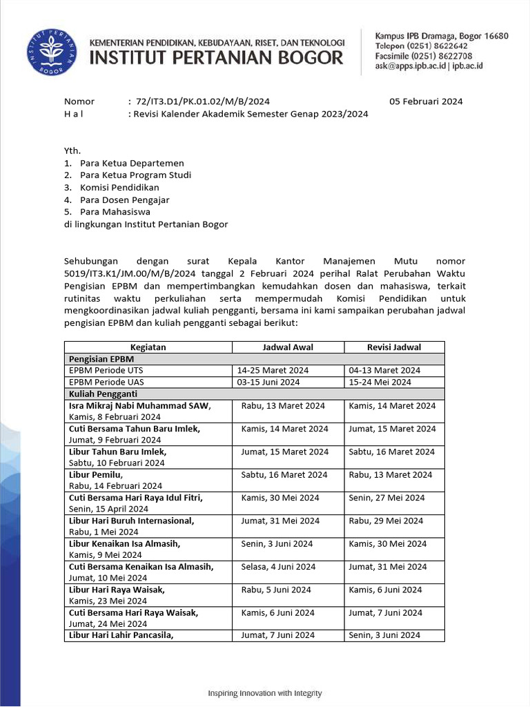 Revisi Jadwal Akademik IPB | PDF
