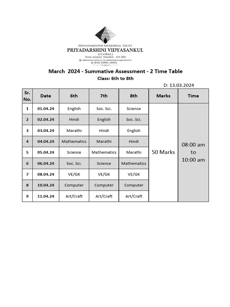 S. A. 2 Class 6th To 8th Exam Time Table | PDF