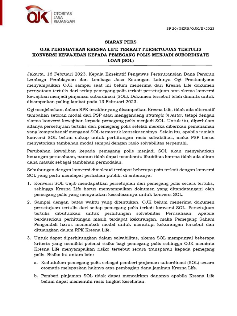 Siaran Pers Peringatkan Kresna Life | PDF | Bisnis | Pengelolaan Keuangan & Uang