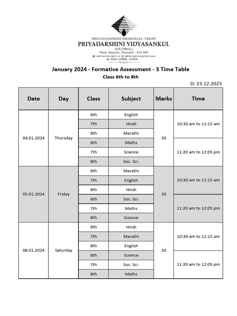 F.A 3 Exam Time Table 6th To 8th | PDF