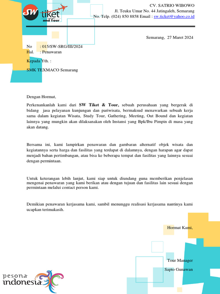 Penawaran Paket Wisata SMK Texmaco | PDF