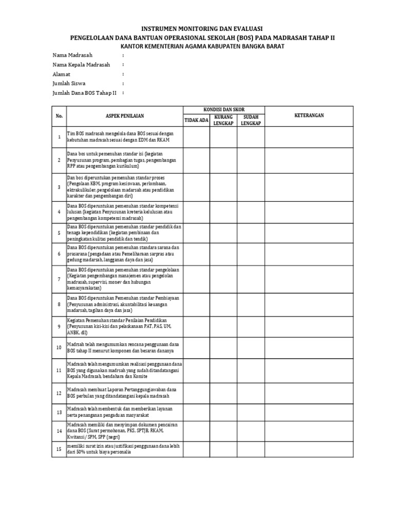 Instrumen Monev BOS Tahap 2 | PDF