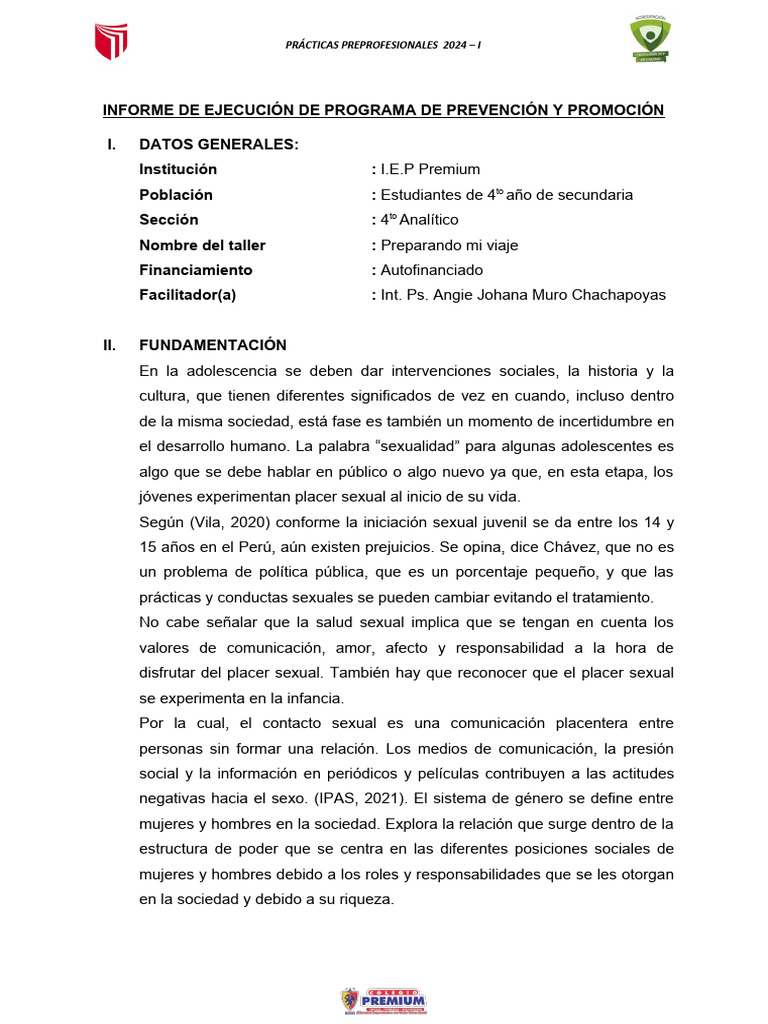 Informe de Ejecución Programa Preventivo | PDF | La sexualidad humana | Placer